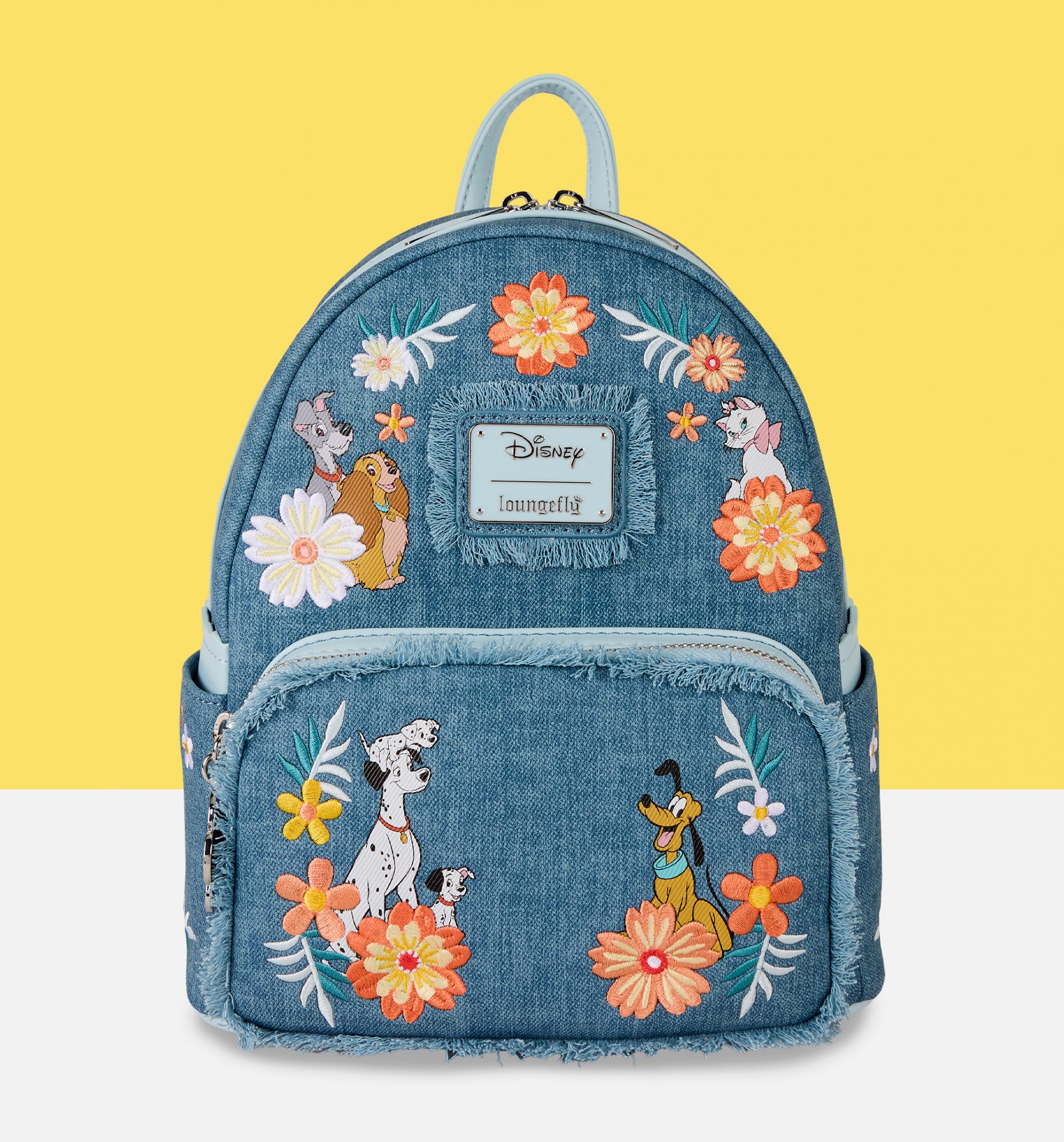 Loungefly Disney Dogs & Cats Denim Fringe Mini Backpack